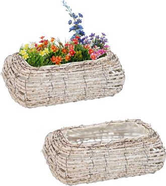 Relaxdays Blumentopf, 2er Set, Rattan, Pflanzent&ouml;pfe mit Folie, HBT: 10 x 25 x 15 cm, Pflanzk&ouml;rbe f&uuml;r innen, wei&szlig;/Natur