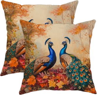 Generic Herbstpfauenvogel Dekokissen Mit Rei&szlig;verschluss Dekokissenbezug Luxuri&ouml;se Sofakissenbezug F&uuml;r Balkon Sofa Heimdekoration 45X45Cm 2Er Set