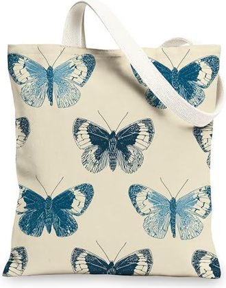 Generic Sac fourre-tout en toile motif papillon, sac à provisions réutilisable, léger et lavable avec bandoulière, beige, 13x15 Inch
