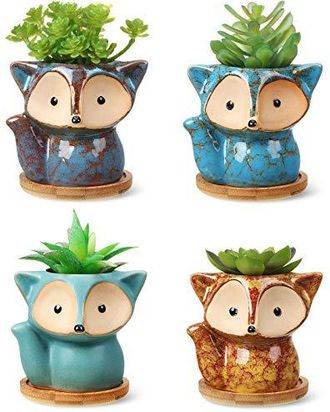 Hicarer 4 Pi&egrave;ces Pots de Fleurs en C&eacute;ramique de Dessin Anim&eacute; Mignon avec Trou de Vidange et Plateau en Bambou pour D&eacute;coration de Table Bureau Maison, 1,8 Pouc