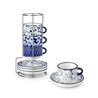 VANCASSO SELENE Tasses &agrave; Caf&eacute; Espresso avec Soucoupe - 4 x 90 ml - Mug en Porcelaine et Support pour Th&eacute;, Caf&eacute;, Cappuccino - R&eacute;sistants au Lave-vaisselle et au