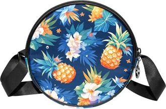 Generic Sac &agrave; bandouli&egrave;re rond pour femme, motif fleurs dananas avec fermeture &eacute;clair, bretelles r&eacute;glables, sac &agrave; main rond d&eacute;contract&eacute; pour femmes et filles