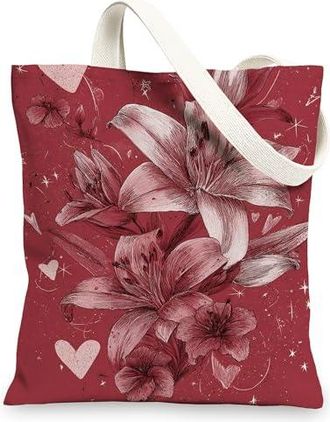 Generic Sacs fourre-tout en toile florale, sacs à provisions réutilisables, sacs à provisions réutilisables élégants artistiques, légers et lavables, Rouge, 1