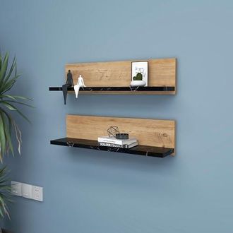 Hanah Home Stylish Wall Shelf (2 Pieces), Atlantic Pine & Black, 60 x 15 x 13 cm | 100% Melamine Coated Particle Board | Perfect for Modern Home Decor & Organiza