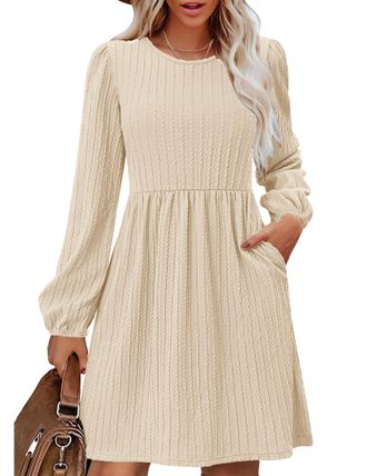 Zeagoo Strickkleid Damen Herbstkleid A-Linie Kleid Langarm Herbst Kleider Knielang Winterkleid mit Taschen Beige XXL