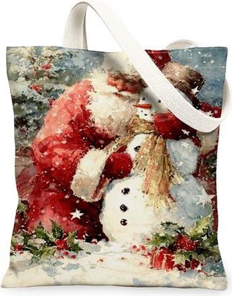 Generic Sacs fourre-tout en toile de No&euml;l, motif P&egrave;re No&euml;l, bonhomme de neige, sacs d&eacute;picerie r&eacute;utilisables, festifs, l&eacute;gers et lavables avec bandouli&egrave;re en t