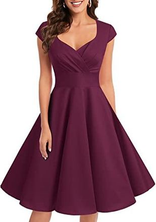 Bbonlinedress Robe Femme de Soirée Cocktail Vintage Femme Chic Courte pour Mariage Invité Gala Fête Témoin Anniversaire Col Carré Burgundy 2XL