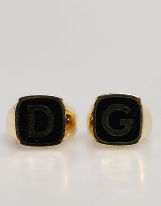 Dolce & Gabbana Mens Gold-Tone Real Brass Black Enamel Dg Adjustable Rings Gold