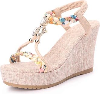 Allegra K Sandales boh&egrave;me &agrave; talon compens&eacute; &agrave; enfiler pour femme, dor&eacute;, 41 EU