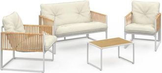 IDMarket Salon de jardin bas RIO 4 places structure m&eacute;tal blanc, cordage effet rotin clair et coussins beige