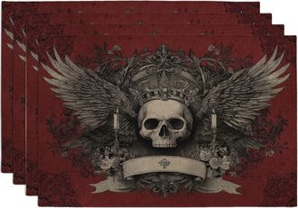 Generic Gothic Totenkopf Platzsets, Dunkelrot Vintage Dekorative Platzsets f&uuml;r Esstisch rutschfest Waschbar Indoor Outdoor Party Geschirr 4er Set