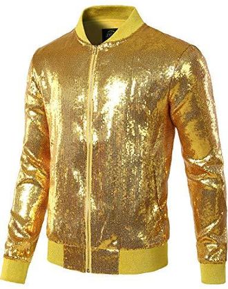 JOGAL Veste à paillettes métallisées pour homme, style années 70, pour baseball, discothèque, discothèque, fête, costume, or, L