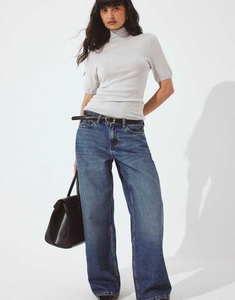 NA-KD Studio - Jean baggy &agrave; taille basse - Bleu moyen
