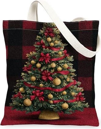 Generic Sacs fourre-tout en toile motif sapin de No&euml;l, sacs de courses r&eacute;utilisables, rustiques, l&eacute;gers et lavables, Rouge, 13x15 Inch
