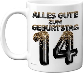 Stuff4 14. Geburtstagsgeschenke - Schwarz Gold Glitzerballons Tasse - Geburtstag Tasse f&uuml;r Jungs und M&auml;dchen, 325 ml Premium-Keramiktasse, Sp&uuml;lmaschinenfest