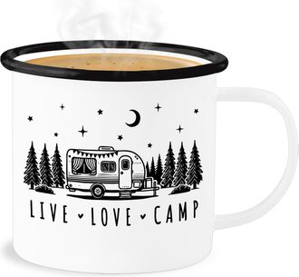 Shirtracer Emaille Becher Blechbecher - Camping Tassen - Live, Love, Camp - Roadtrip Van life Accessoires - 300 ml - Wei&szlig; Schwarz - camper campingfans f&uuml;r gesche