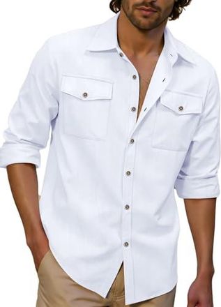 Generic Chemise de plage boutonn&eacute;e &agrave; manches longues en lin avec poches pour homme, blanc, XXL