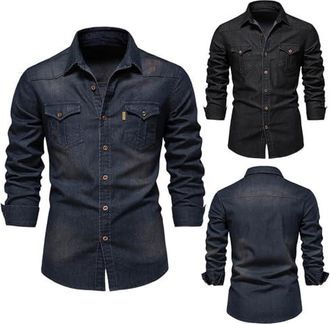 Generic Chemise en jean pour homme - Chemise en jean à manches longues - Coupe classique - Coupe classique - Chemise western extensible décontractée à rabat -