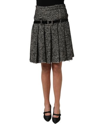 Dolce & Gabbana Womens Black White Tweed High Waist Pleated Skirt
