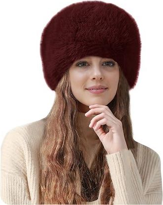 Lina & Lily Chapeau Femme Hiver en Fausse Fourrure, Bonnet Toque de Style Russe (Rouge Foncé)