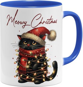 OM3 Meowy Christmas Kaffee-Tasse mit s&uuml;&szlig;em K&auml;tzchen - Weihnachtstasse Katze - Keramik Becher - 325ml - Beidseitig Bedruckt - Blau