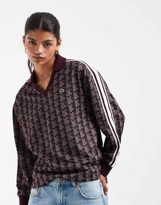 Lacoste Oversize-Polo mit Kontraststreifen und Monogramm in Burgunderrot