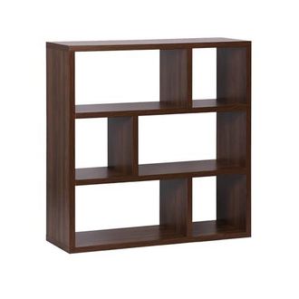 Sweeek Etag&egrave;re biblioth&egrave;que asym&eacute;trique 3 Niveaux 6 Compartiments. casiers. Effet Bois de Noyer. L 111.2 x P 39 x H 115.2cm