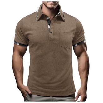 Generic Polo pour homme Patchwork europ&eacute;en Bouton Revers Hommes D&eacute;contract&eacute; Tendance Business Chemise &agrave; manches courtes ample et confortable, kaki, 3XL
