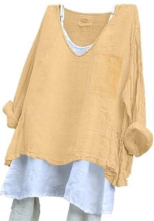 Generic Chemisier Femme Coton Et Lin Chic Et Elegant D&eacute;contract&eacute;s Chemisiers Et Blouses D&eacute;t&eacute; &Agrave; Manches Longues Col V Loose Top Legers Respirant Tunic Mode Cot