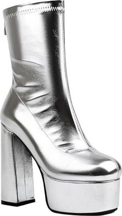 Generic Femmes Fermé Bout Rond Bottes À Mi-Mollet Talon Épais Alto Bottines À Plateforme Cuir PU Bottes Courtes avec Fermeture Éclair,Argent,38.5 EU