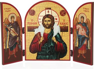 NKlaus Guter Hirte Triptychon Holz Ikone 25x16cm christlich 11314