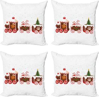 Abakuhaus Weihnachten Kissenbezug Set (4 Stück), Lebkuchen-Zug, moderner doppelseitiger Digitaldruck, 40 cm, Weiß Braun Vermilion