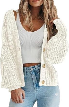 Generic Pull en tricot épais ouvert sur le devant pour femme, manches longues, cardigan court ample pour superposition décontractée, blanc, 3XL