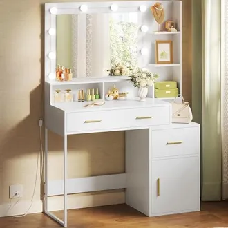 Woltu Coiffeuse avec Lumière LED et Miroir, Table de Maquillage avec 3 Tiroirs et Étagères Ouvertes, 90x40 cm, Meuble Chambre Moderne avec Grand Espace de R