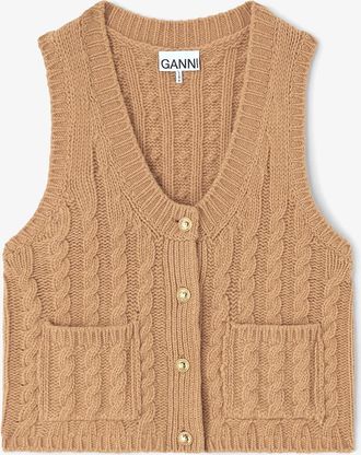 Ganni Gilet en laine &agrave; torsades Beige - Pour Femme