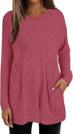 Generic Combinaison décontractée pour femme - Hauts décontractés - Coupe ample - Tricot côtelé léger - Pull long à col rond avec poches - Pull court semi-zipp