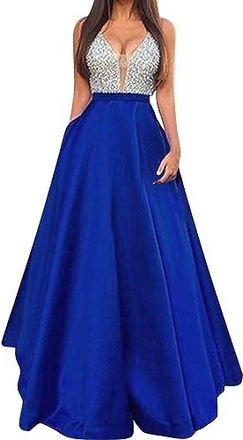 Generic Robe de mari&eacute;e sans manches avec col en V pour femme, robe de soir&eacute;e &eacute;l&eacute;gante, robe longue pour mariage, bleu, XL