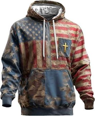 Generic Hauts en polaire pour homme - Veste pelucheuse décontractée pour homme - Drapeau américain - Sweat à capuche à manches longues - Style rétro - Cadeau 
