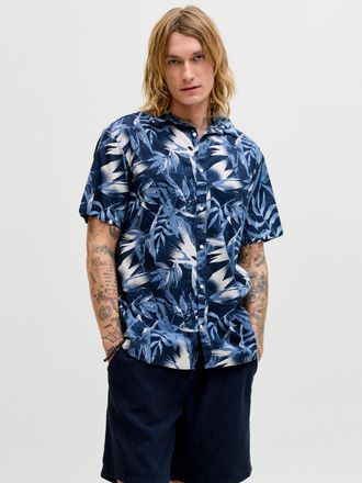 Jack & Jones Kurzarmhemd JACK & JONES JJHONOLULU AOP SHIRT SS, Herren, Gr. L, N-Gr, navy blazer, Web, Obermaterial: 100% Baumwolle, gemustert, regular fit, Hemden