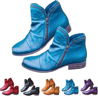 Generic Bottines de cowboy pour femmes, bottes western plates à talons bas en cuir vintage, confortables et légères, avec fermeture éclair et soutien de la vo