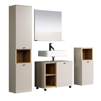 Trendteam Sao Paulo - Badm&ouml;bel-Set - Kashmir (Beige)/Evoke Eiche - Hochschrank, Waschbeckenunterschrank Rollen, Wandspiegel, Badschrank - (BxHxT) 180 x 186 x 42