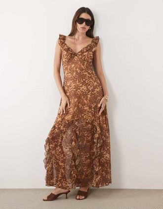 Miss Selfridge Chiffon-Cami-Maxikleid mit Volants und Animal-Print-Multi