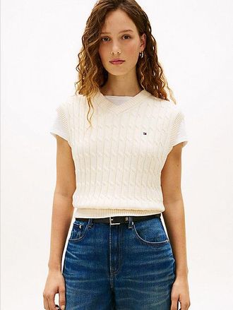Tommy Hilfiger Pull sans manches en maille torsad&eacute;e col en V