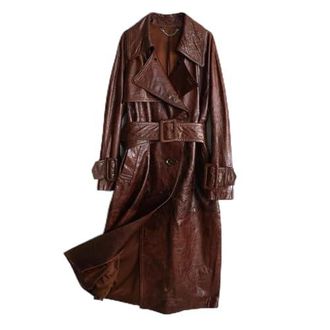 Generic Trench-coat en peau de mouton pour femme - Veste en cuir &agrave; revers crant&eacute; classique &agrave; double boutonnage, 1, XS