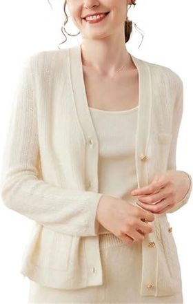 Generic Cardigan &agrave; col en V 100 % cachemire pour femme - Veste dhiver unie douce et confortable en tricot &eacute;l&eacute;gant, blanc, Taille XL