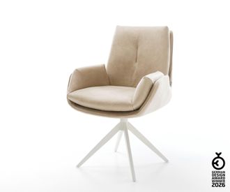 DELIFE Drehstuhl Clea-Flex Mikrofaser Beige Vintage Kreuzgestell breit Wei&szlig; 360&deg; drehbar Wippfunktion, Esszimmerst&uuml;hle