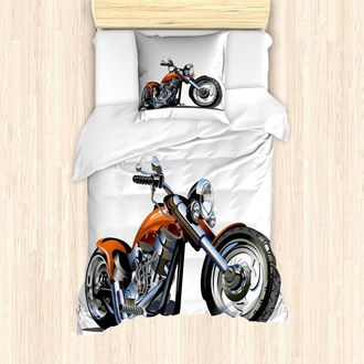Abakuhaus Karikatur Bettbezug Set für Einzelbetten, Motorrad-Abenteuer, Milbensicher Allergiker geeignet mit Kissenbezug,Schwarz Orange