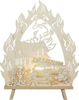 Rudolphs Schatzkiste Lichterspitze Feuerwehr LED-Beleuchtung Natur BxHxT 34,5x43x6cm NEU Schwibbogen Lichterbogen Fensterbogen Spitzbogen Erzgebirge Weihnachten Bergbau Be
