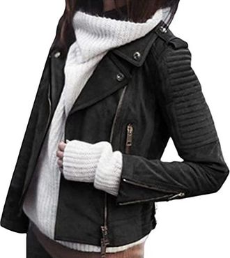 ORANDESIGNE Court Veste Biker en Cuir PU Femmes Noir Veste Punk Moto Revers Crop Top Coupe Slim Grande Taille Noir XS