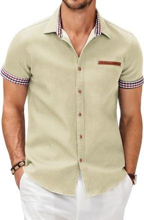 Coofandy Chemise en Jean Homme &agrave; Manches Courtes - Chemise d&Eacute;t&eacute; D&eacute;contract&eacute;e, Style Cowboy, Coupe Ajust&eacute;e, Parfaite pour Business/Loisirs Kaki Clair 3XL